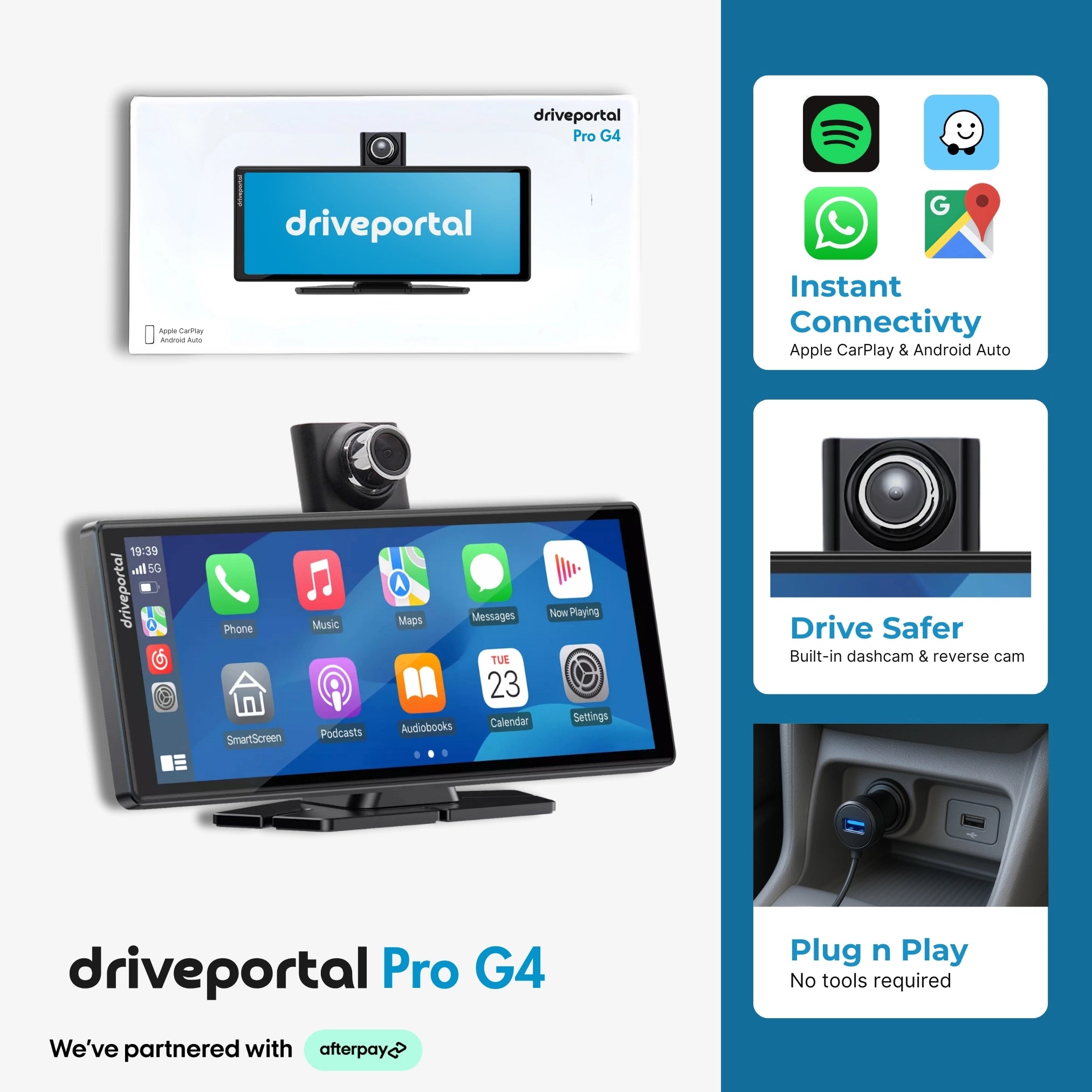 DrivePortal Wireless CarPlay Head Unit + Dash Cam + Reverse Cam